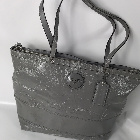 Coach | Bags | Coach Shoulder Patent Leather Gray Purse | Poshmark